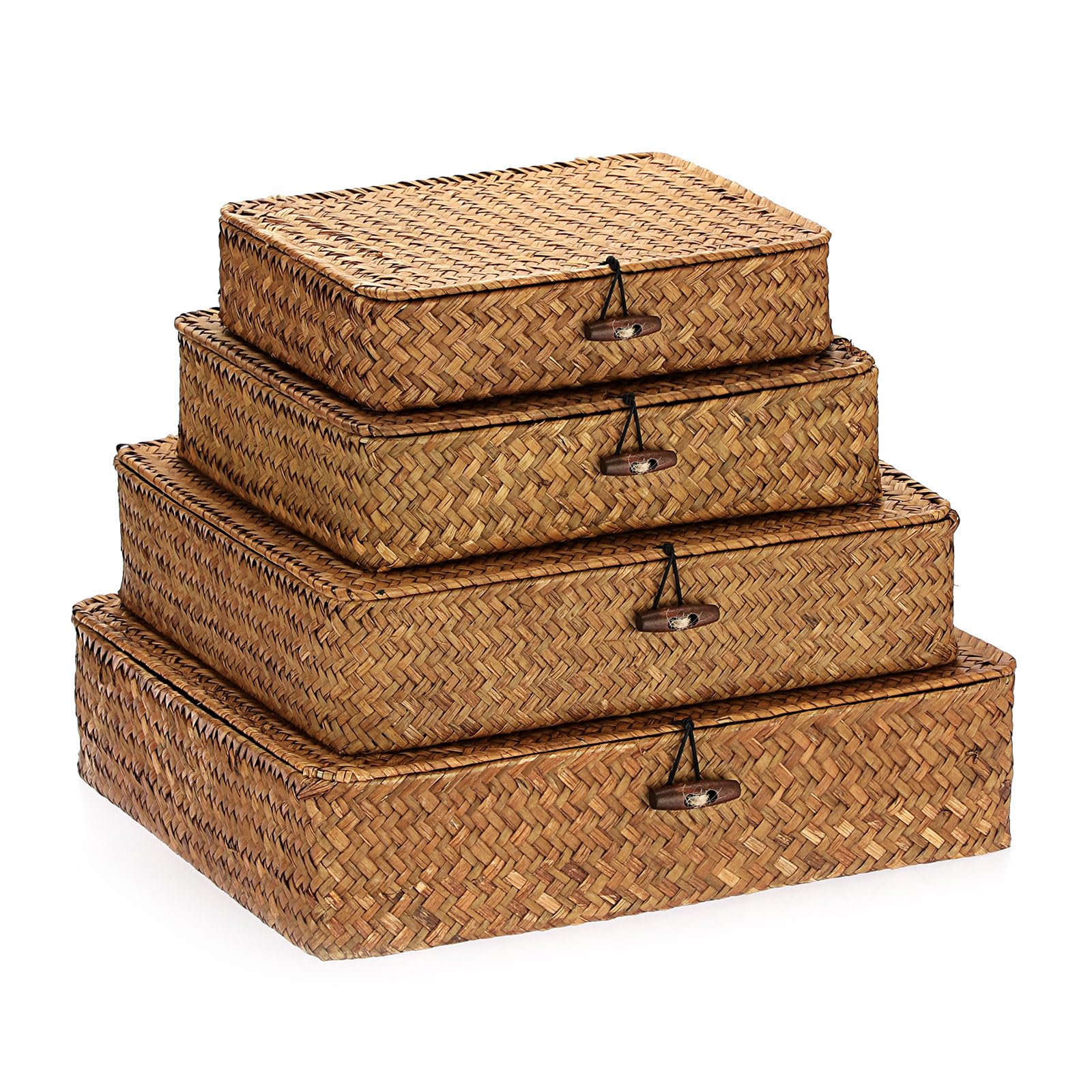 Hipiwe Flat Wicker Storage Basket Bin with Lid - Set of 4 Large Woven Shelf Baskets Boxes Natural Seagrass Basket Bin Rectangular Decorative Storage Boxes for Closet Shelf Organizer, Caramel