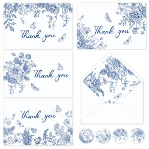 whaline 32 packs floral thank you cards blue white chinoiserie flower greeting cards blank note cards with envelopes and stickers for wedding birthday bridal shower, 4 x 6 inch