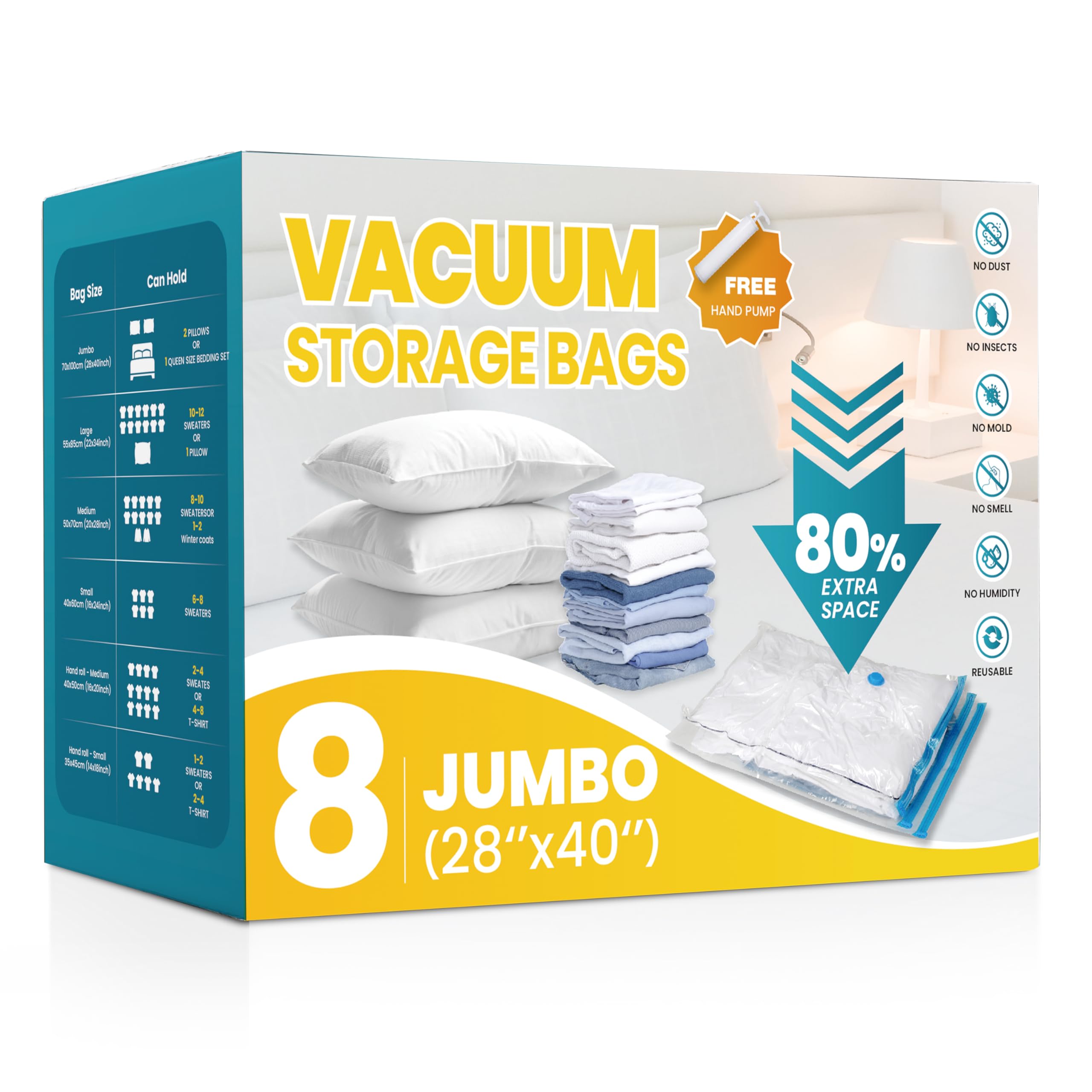 YSSOA Vacuum Storage Bags, 8pack-Jumbo Space Saver Vacuum Storage Bags, Vacuum Seal Bags for Clothing, Clothes, Comforters and Blankets Transparent