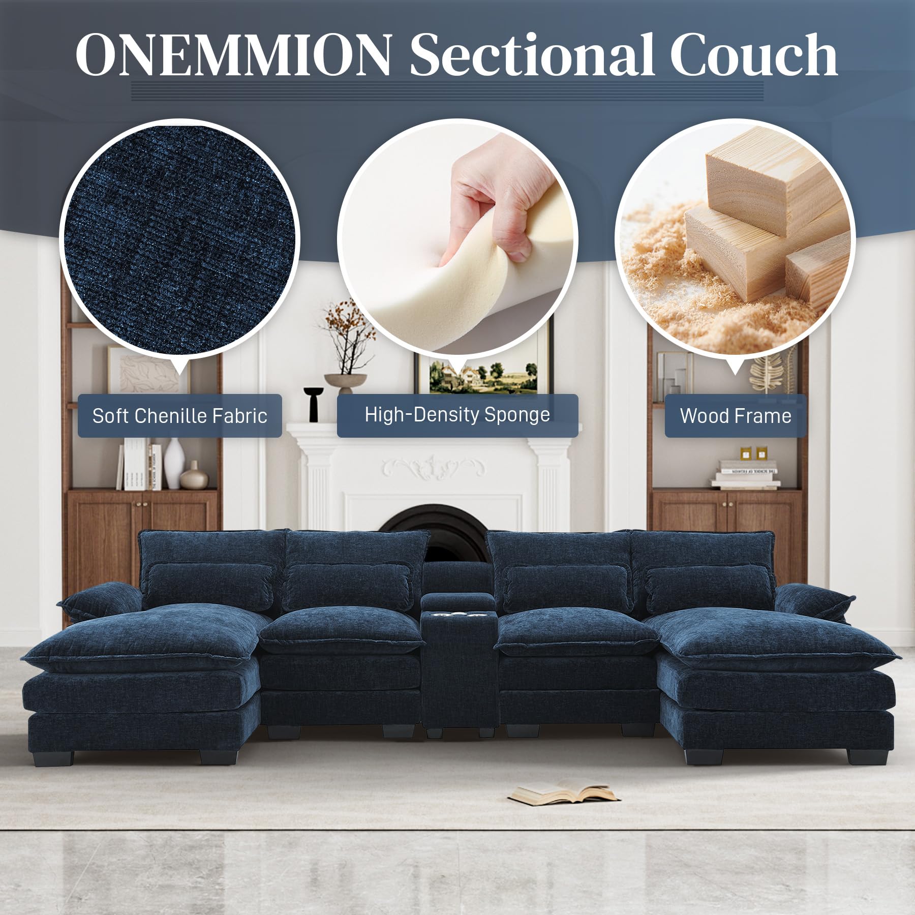 ONEMMLION Sectional Sofa Cloud Couch for Living Room, 123" Modern Fluffy Chenille U Shaped Couch, Comfy Modular Sofa Sleeper with Storage Console & Cup Holders & USB Ports for Apartment, Blue