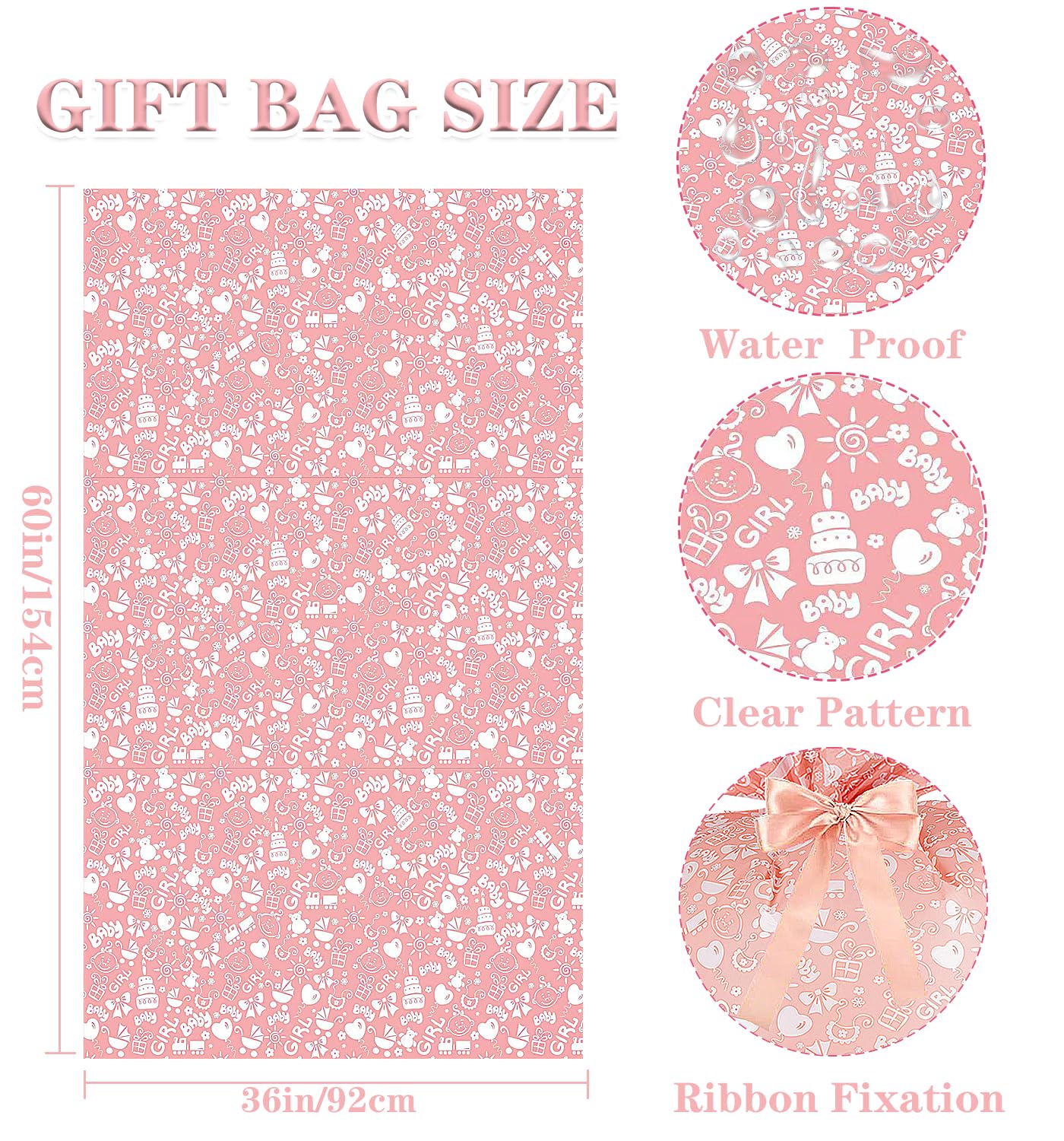 Jaywayang Extra Large Plastic Gift Bag, Jumbo Baby Girl Gift Bag with Ribbon and Tag for Birthday, Baby Shower Giant Gifts Wrapping (60" Pink)