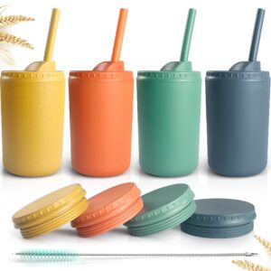 teivio 4 pcs 10 oz wheat straw kids/toddler cups with lid and straws, reusable spill proof cups for kids,unbreakable plastic cups with silicone straws&cleaning brush,dishwasher safe,autumn multicolor