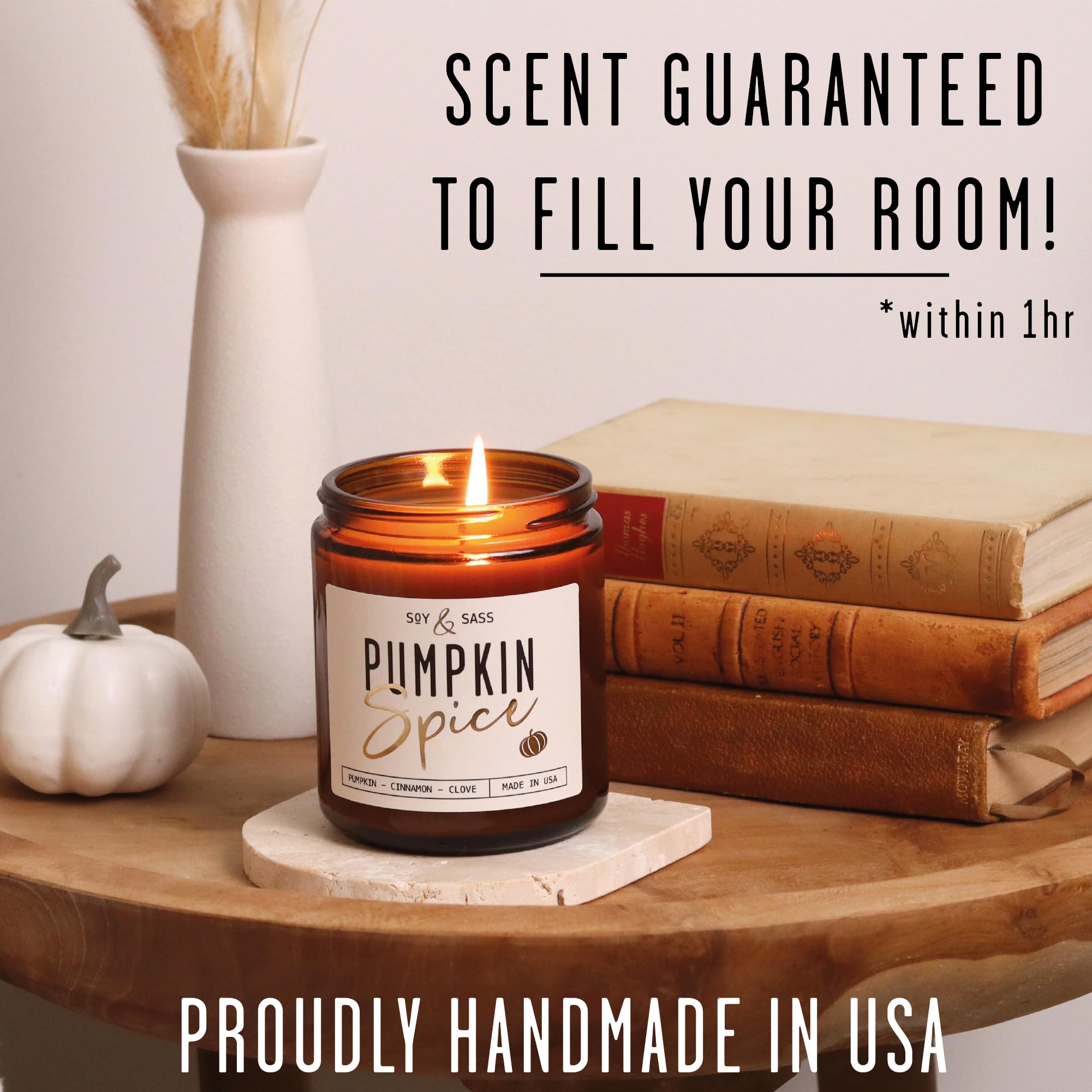 Pumpkin Spice Candle, Fall Candles - 'Pumpkin Spice' Pumpkin Candle, Autumn Scented Soy Candles for Home, Fall Scented Candles for Home, Fall Home Décor, 9oz Reusable Jar, 50Hr Burn, Made in USA