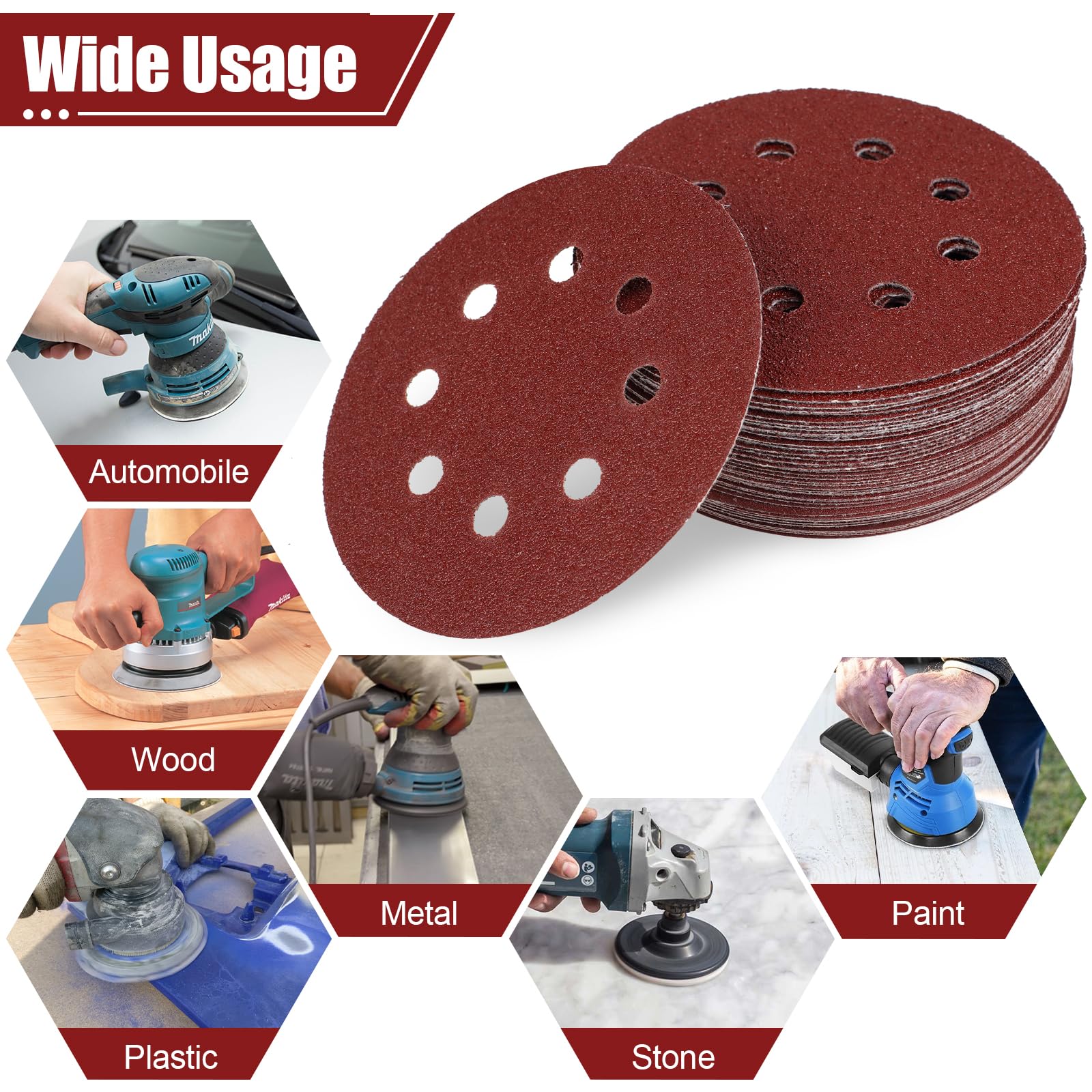 Romeda 50PCS Sanding Discs, 5 Inch 8 Hole Orbital Sander Sandpaper, 11 Grades Include 40/60/80/100/120/150 /180/240/320/400/600 Grits Sanding Discs Hook and Loop for Random Orbital Sander