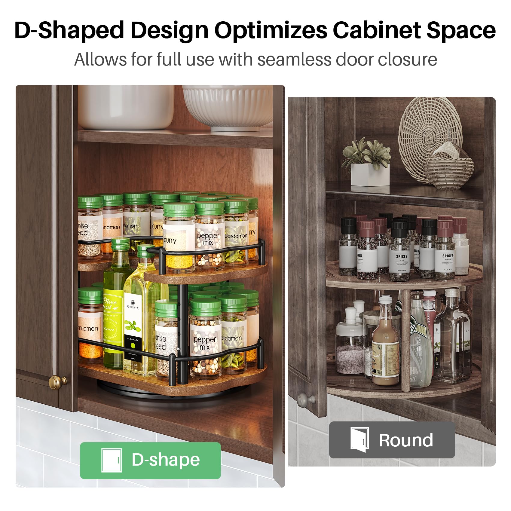 Lazy Susan Organizer Spice Rack for Cabinet - Height Adjustable Rotating Lazy Turntable Spice Organization for Table Top Pantry Kitchen, Wood Lazy Susan 10 inches Black