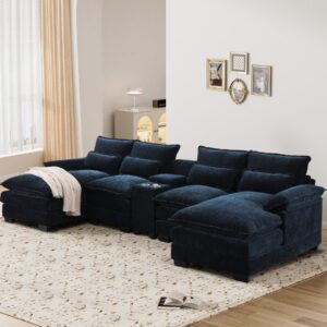 onemmlion sectional sofa cloud couch for living room, 123" modern fluffy chenille u shaped couch, comfy modular sofa sleeper with storage console & cup holders & usb ports for apartment, blue