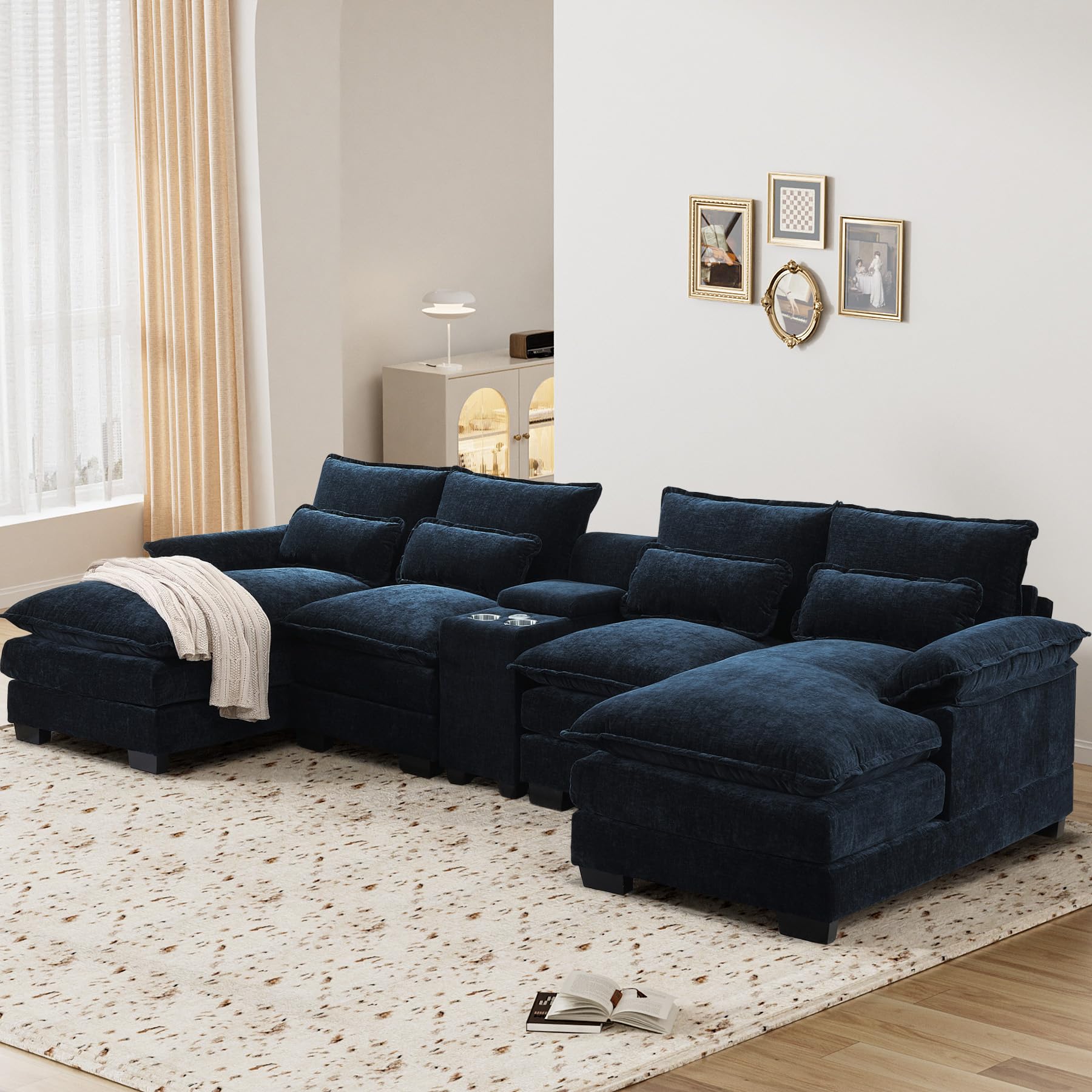 ONEMMLION Sectional Sofa Cloud Couch for Living Room, 123" Modern Fluffy Chenille U Shaped Couch, Comfy Modular Sofa Sleeper with Storage Console & Cup Holders & USB Ports for Apartment, Blue