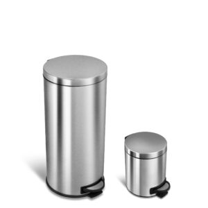 8 gallon and 1.2 gallon combo set round stainless steel step on trash can, fingerprint-resistant soft close lid hands-free trash can, removable plastic inner bucket waste bin, 8 gal 30l & 1.2 gal 5l