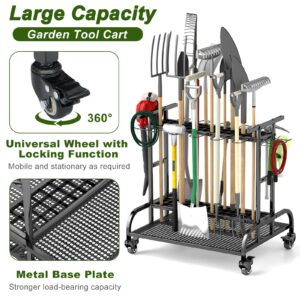 YAGEANNL Garden Tool Organizer with Wheels, Large Capacity Garage Tool Organizer with Hooks, Garden Tool Rack for Broom, Shovel, Long Handled Tool, Metal Yard Tool Organizer for Garage, Shed, Outdoor