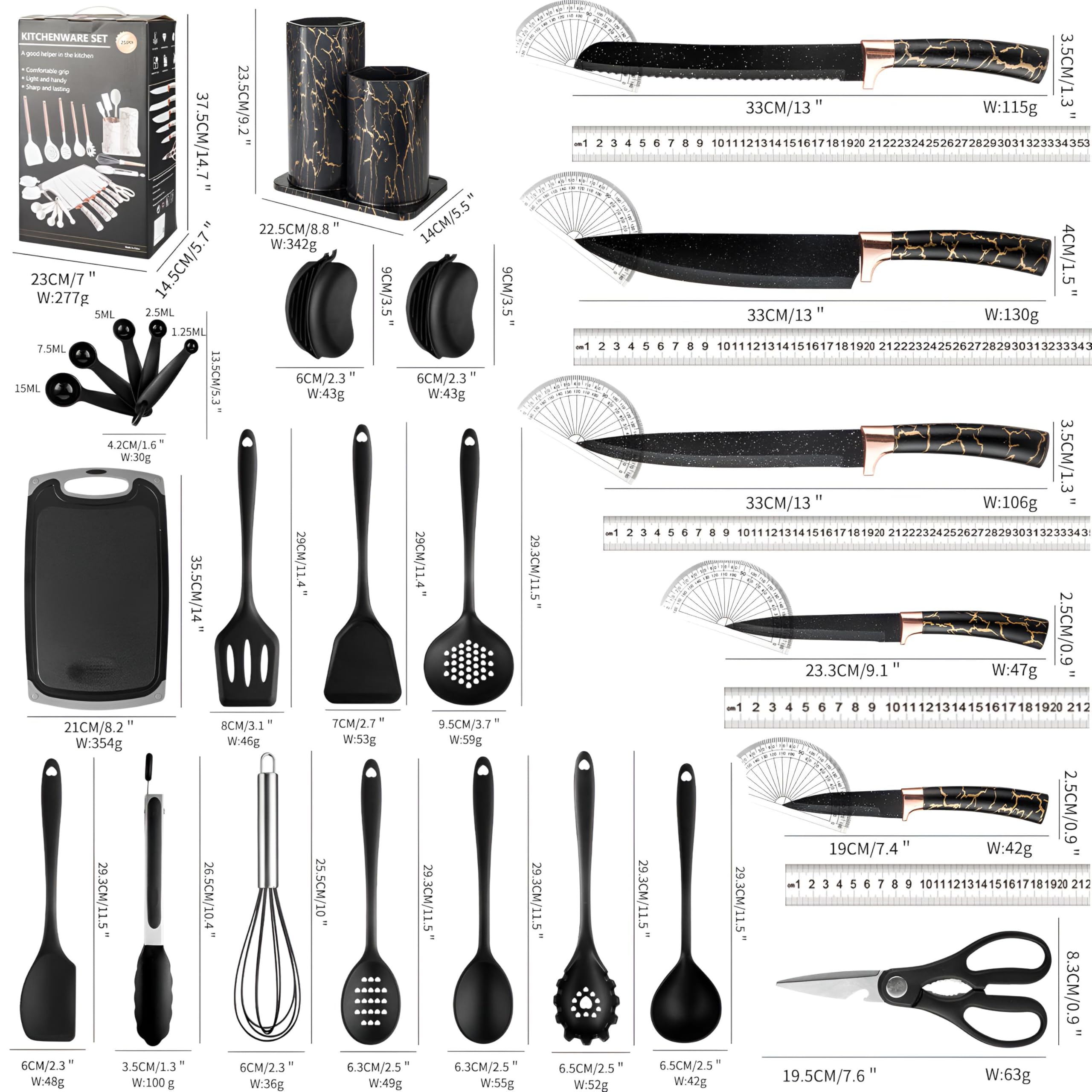 Cooking Utensils Set, 25 PCS Black Sharp Knife Set for Kitchen,Stainless Steel Knives Set,includes 17-Piece Silicone kitchen utensils set,5 Sharp Stainless Steel Chef Knives,Scissors,and Cutting Board