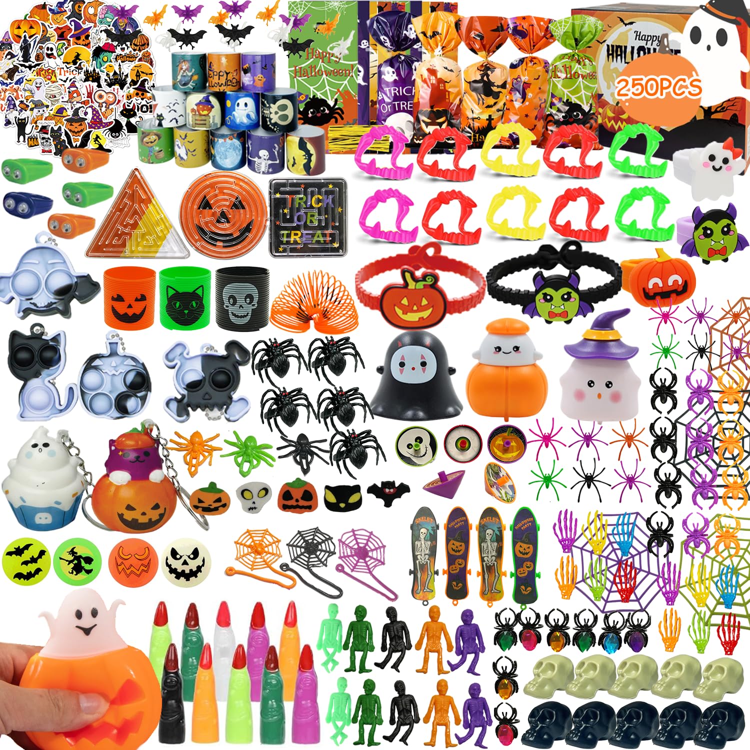 SQZUWIT 250Pcs Halloween Party Favors Bulk Toys Assortment for Kids, Teens Halloween Goodie Treat Bags Fillers, Pinatas Stuffers, Classroom Prizes, Treasure Box Toys