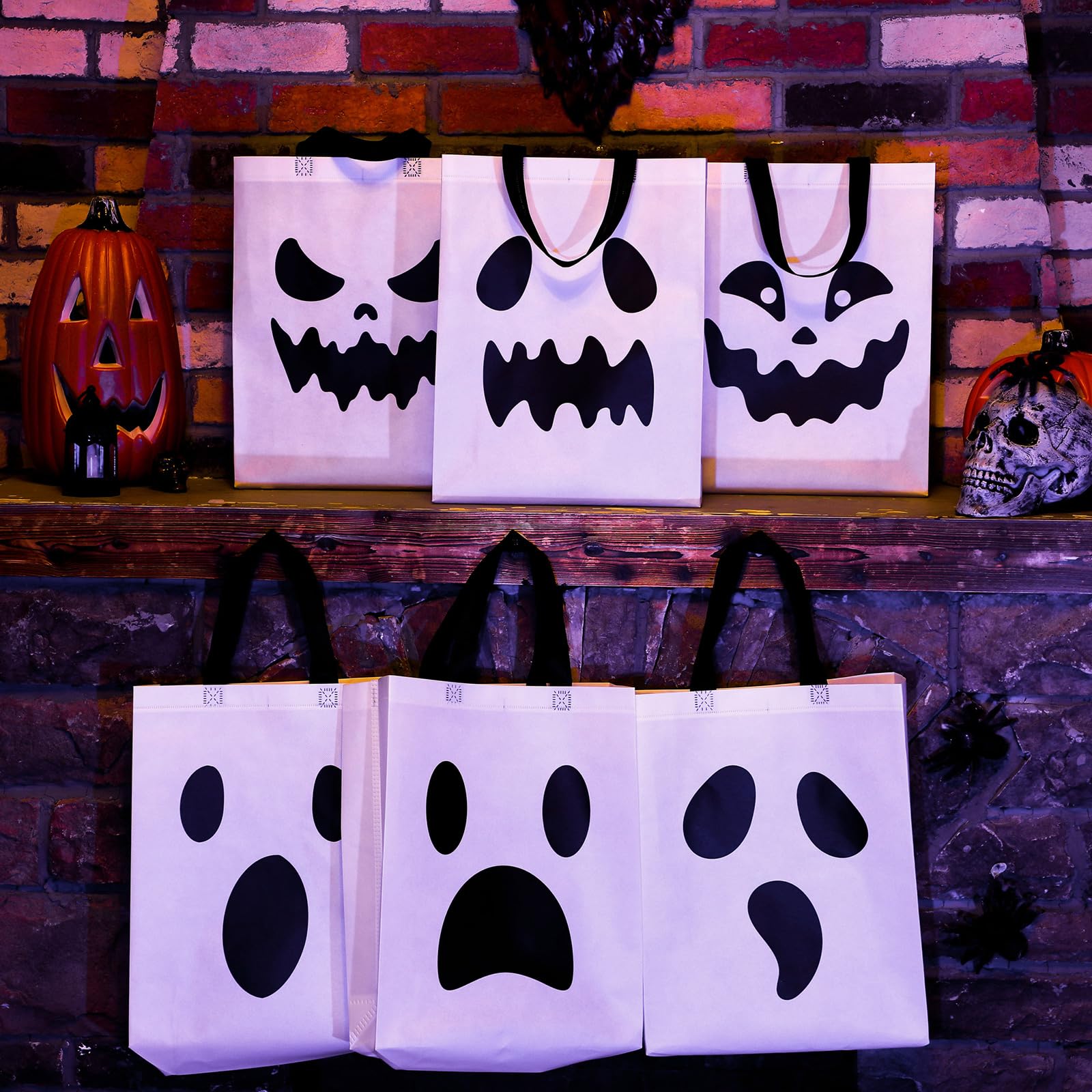 Sanwuta 48 Pcs Halloween Tote Bags Gift Bags 14.9 x 11.8 Large Trick or Treat Bags Halloween Ghost Bags Reusable Halloween Non Woven Candy Bags Treat Goodies Bags for Halloween Party Supplies