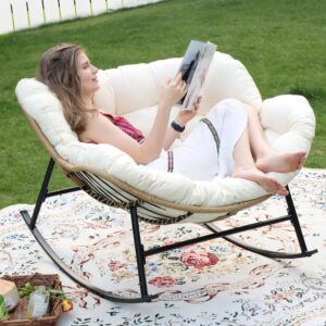 nicesoul® indoor outdoor rocking chair with cushion, oversized patio papasan rocking chair, water resistant egg royal rocking chair 450lbs sturdy comfy recliner large lounging chair (beige, 1 pc)