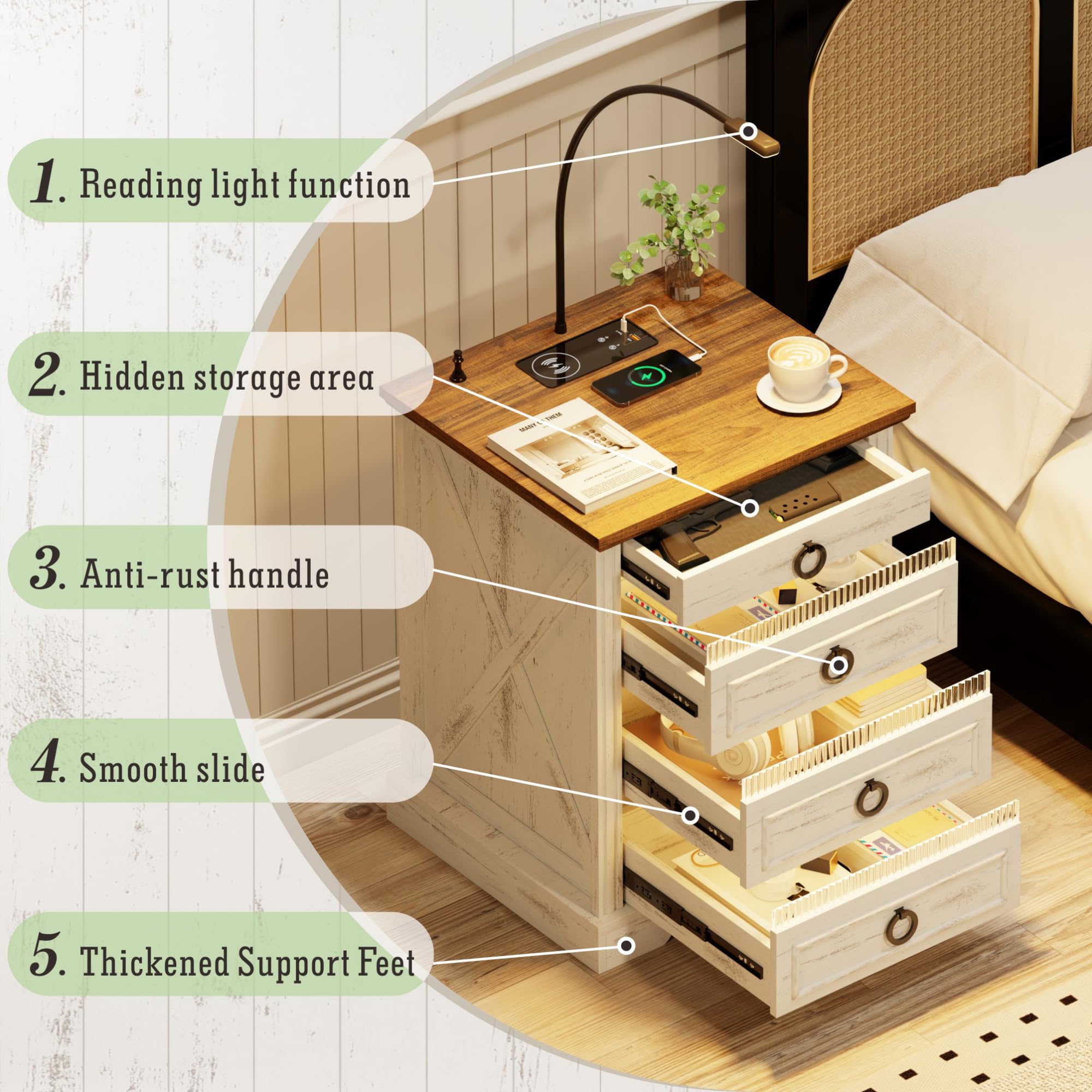 Gun Night Stand with Charging Station & Reading Light, Farmhouse Bedside Table with Human Sensor LED Lights, Brightness Adjustable End Side Table for Bedroom/Living Room/Office, White