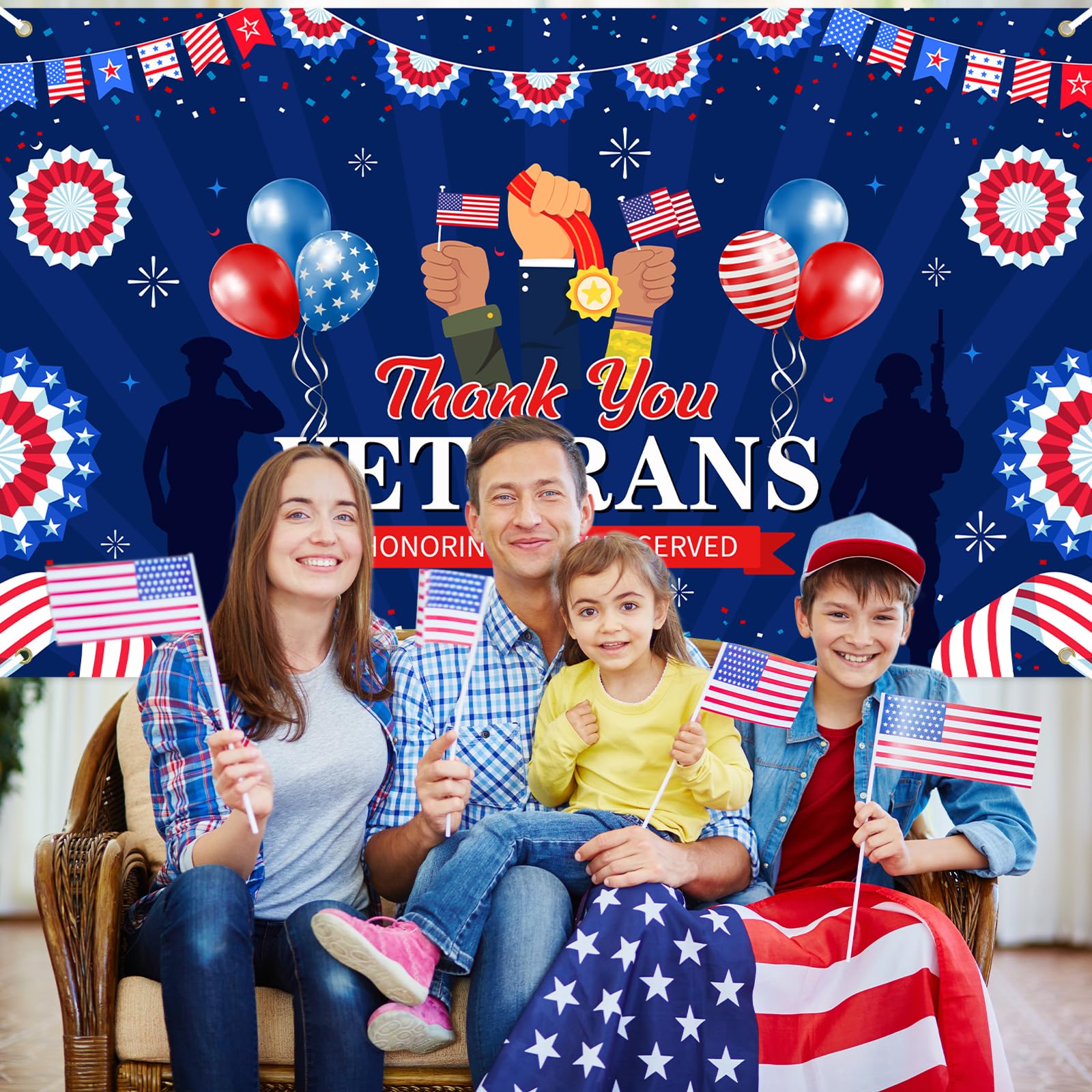 Avezano Veterans Day Banner Thank You Veterans Backdrop Patriotic Decor Veterans Day Memorial Day Decorations Thank You Veterans Supplies for Party Banner 70.8 x 43.3 Inch