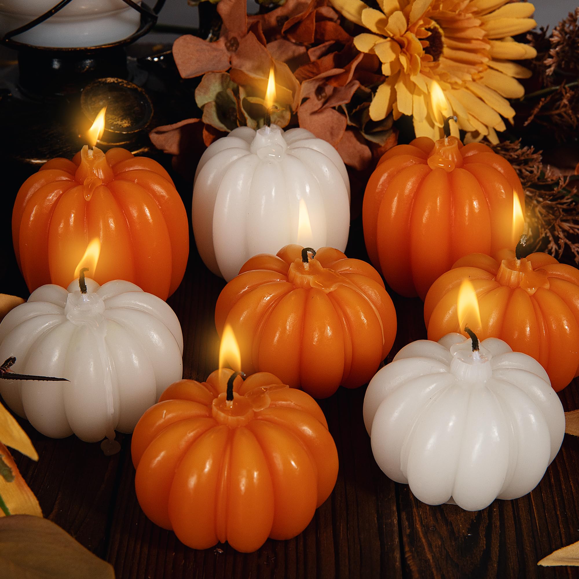 EBaokuup 8 Pcs Fall Pumpkin Shaped Candles,Thanksgiving Unscented Pumpkin Candles,White Orange Pumpkin Candles for Halloween Party Home Decoration Holiday Atmosphere