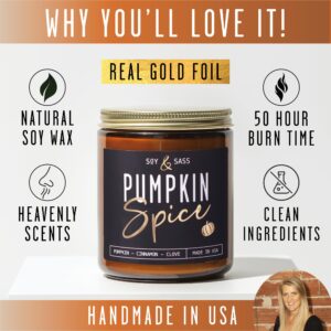 Pumpkin Spice Candle, Fall Candles - 'Pumpkin Spice' Pumpkin Candle, Autumn Scented Soy Candles for Home, Fall Scented Candles for Home, Fall Home Décor, 9oz Reusable Jar, 50Hr Burn, Made in USA