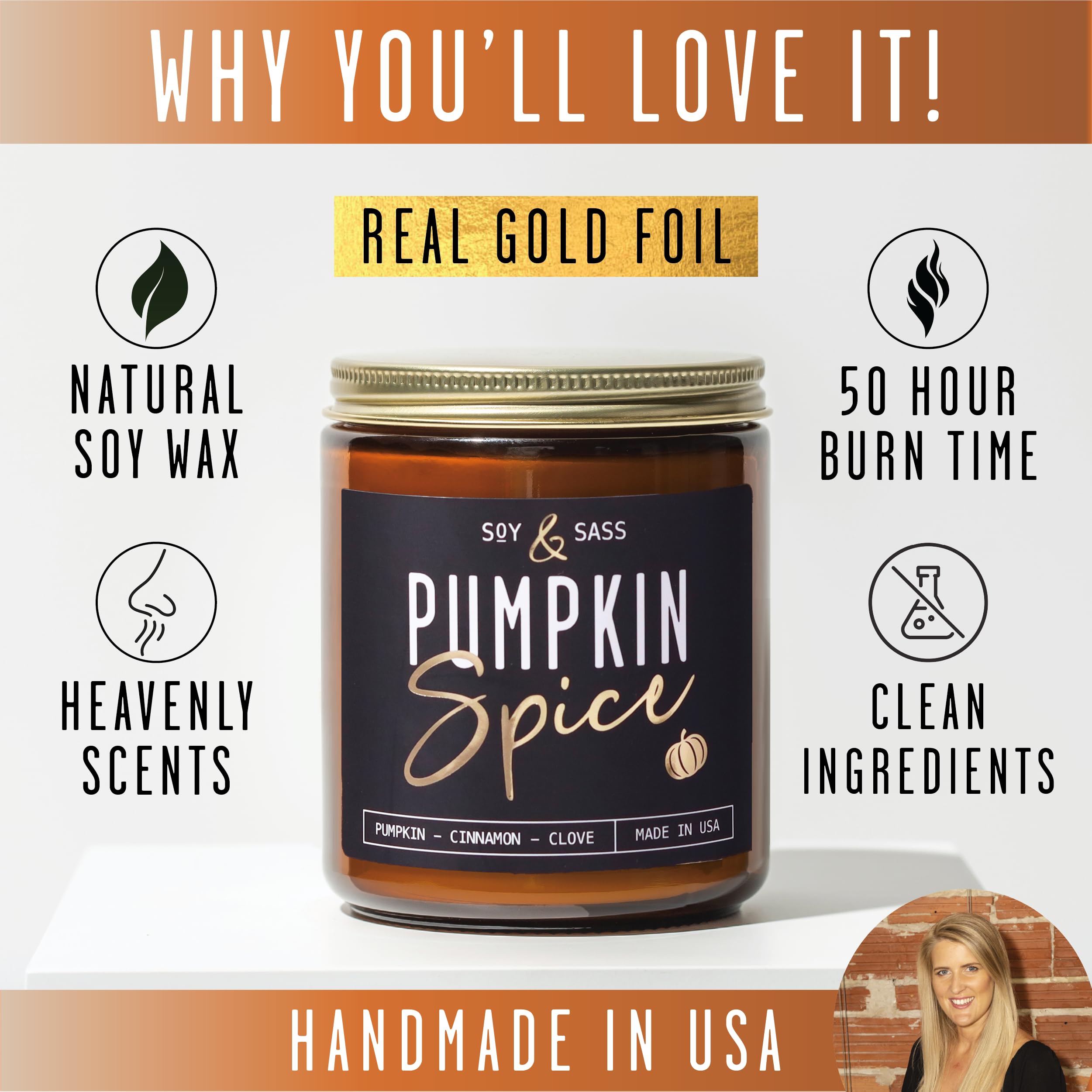 Pumpkin Spice Candle, Fall Candles - 'Pumpkin Spice' Pumpkin Candle, Autumn Scented Soy Candles for Home, Fall Scented Candles for Home, Fall Home Décor, 9oz Reusable Jar, 50Hr Burn, Made in USA