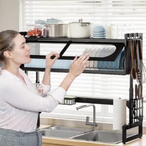 Fixwal Dish Drying Rack 3 Tier Over The Sink Dish Drying Rack for Kitchen Sink Shlef Expandable Height (Black)