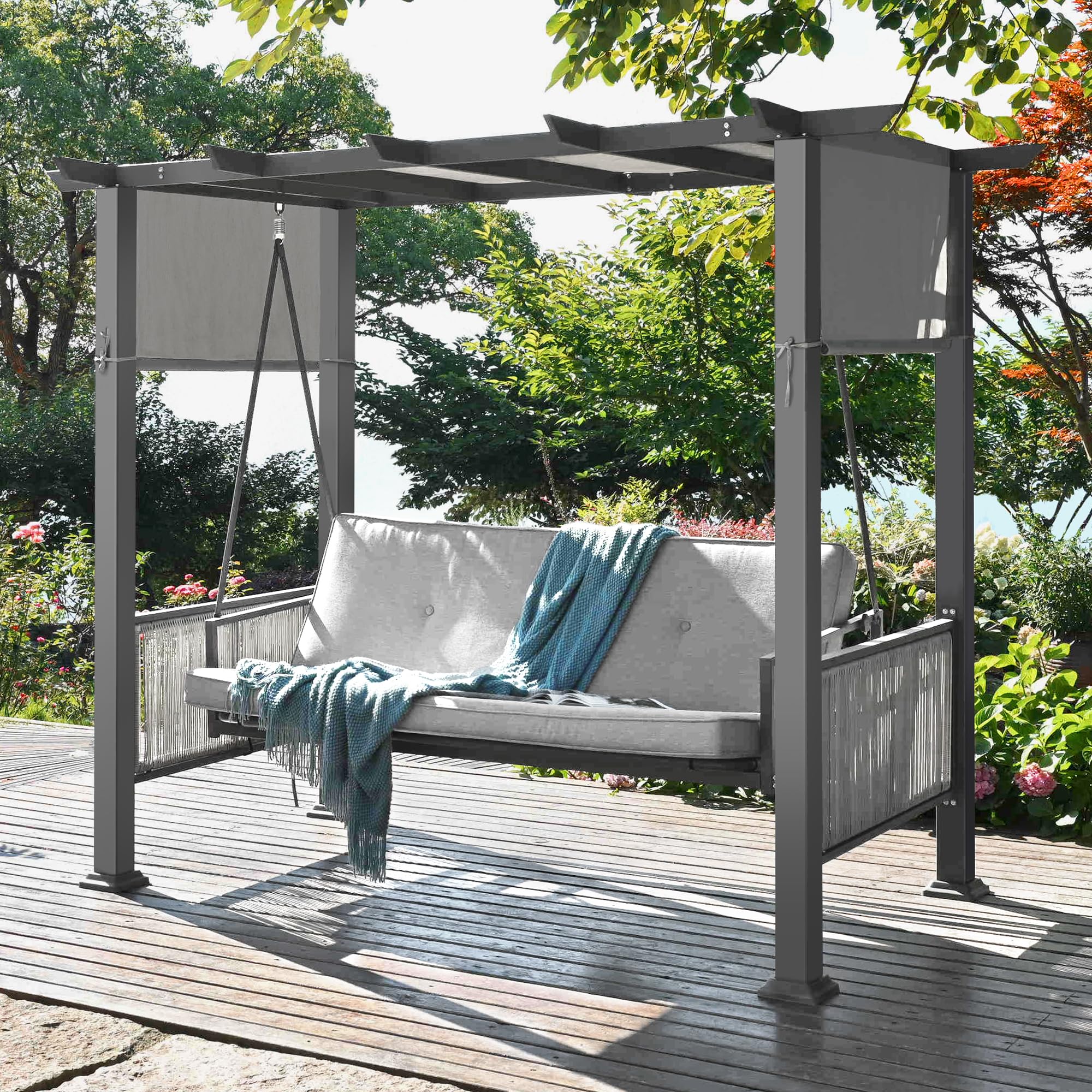 PAMAPIC 3-Seat Outdoor Swing with Canopy, Proch Swing Bed with Adjustable Curtains, 2 in 1 Design Patio Swing Chair for Balcony, Garden and Poolside,Gray