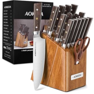 aokeda 16-piece kitchen knife set with block, with kitchen shears and sharpener, high carbon german steel(natural wenge)