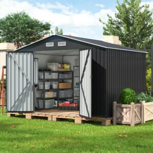 jaxpety 8x10 ft large storage shed, metal outdoor shed with air vent lockable door, sheds & outdoor storage tool shed for backyard garden patio lawn, black