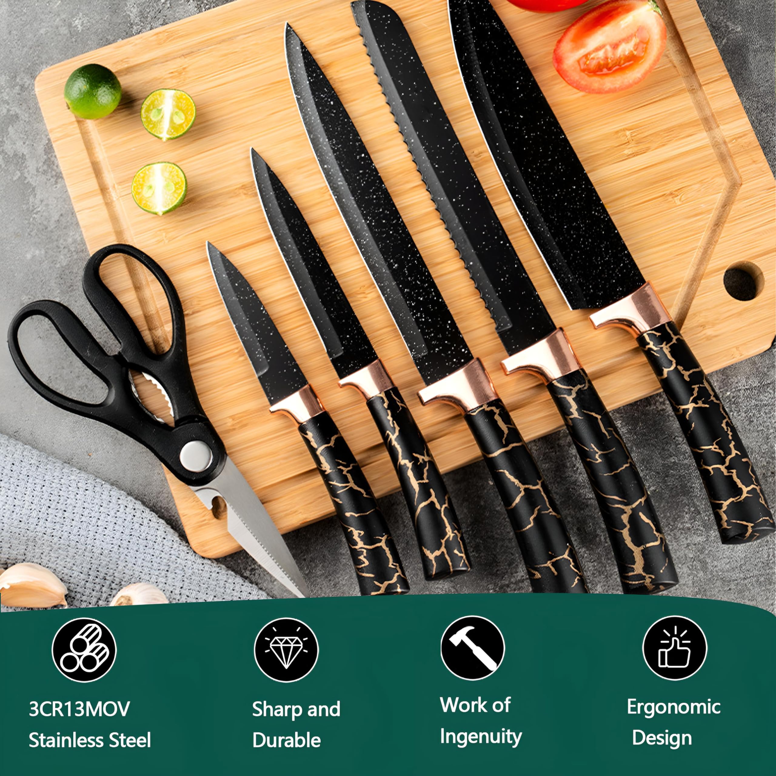 Cooking Utensils Set, 25 PCS Black Sharp Knife Set for Kitchen,Stainless Steel Knives Set,includes 17-Piece Silicone kitchen utensils set,5 Sharp Stainless Steel Chef Knives,Scissors,and Cutting Board