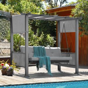 PAMAPIC 3-Seat Outdoor Swing with Canopy, Proch Swing Bed with Adjustable Curtains, 2 in 1 Design Patio Swing Chair for Balcony, Garden and Poolside,Gray