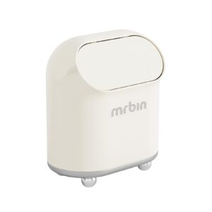 MRBIN Small Desk Trash Can for Bathroom with Lid, Mini Office Paper Litter Lint Bin with Stainless Steel Foot Pad, Kids Cute Countertop Plastic Waste Basket for Bedroom and Car, White