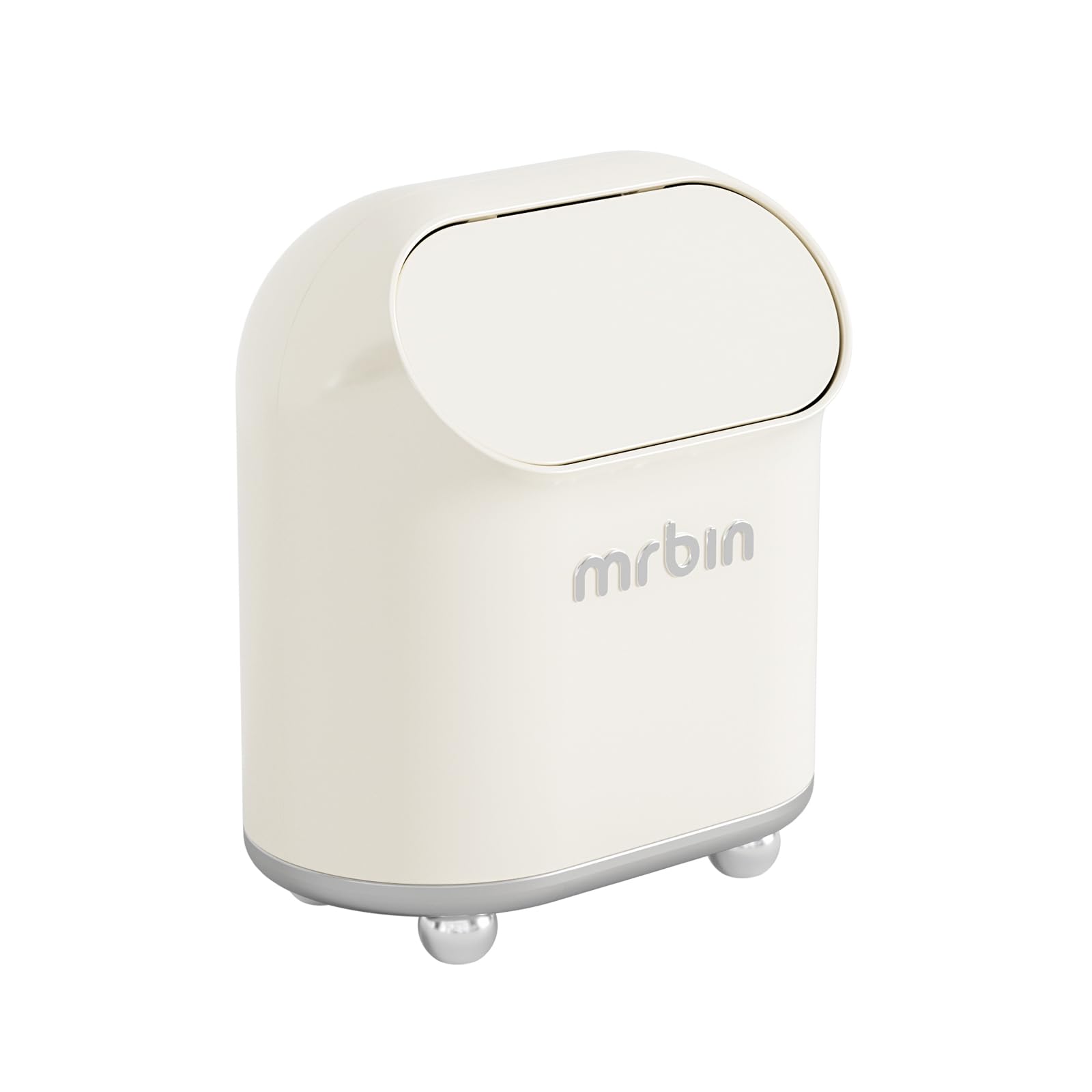 MRBIN Small Desk Trash Can for Bathroom with Lid, Mini Office Paper Litter Lint Bin with Stainless Steel Foot Pad, Kids Cute Countertop Plastic Waste Basket for Bedroom and Car, White