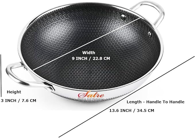 Satre Online and Marketing Stainless Steel Triply Kadhai Honeycomb, Nonstick, Two Sided Handel, Induction Base, Size No. 12