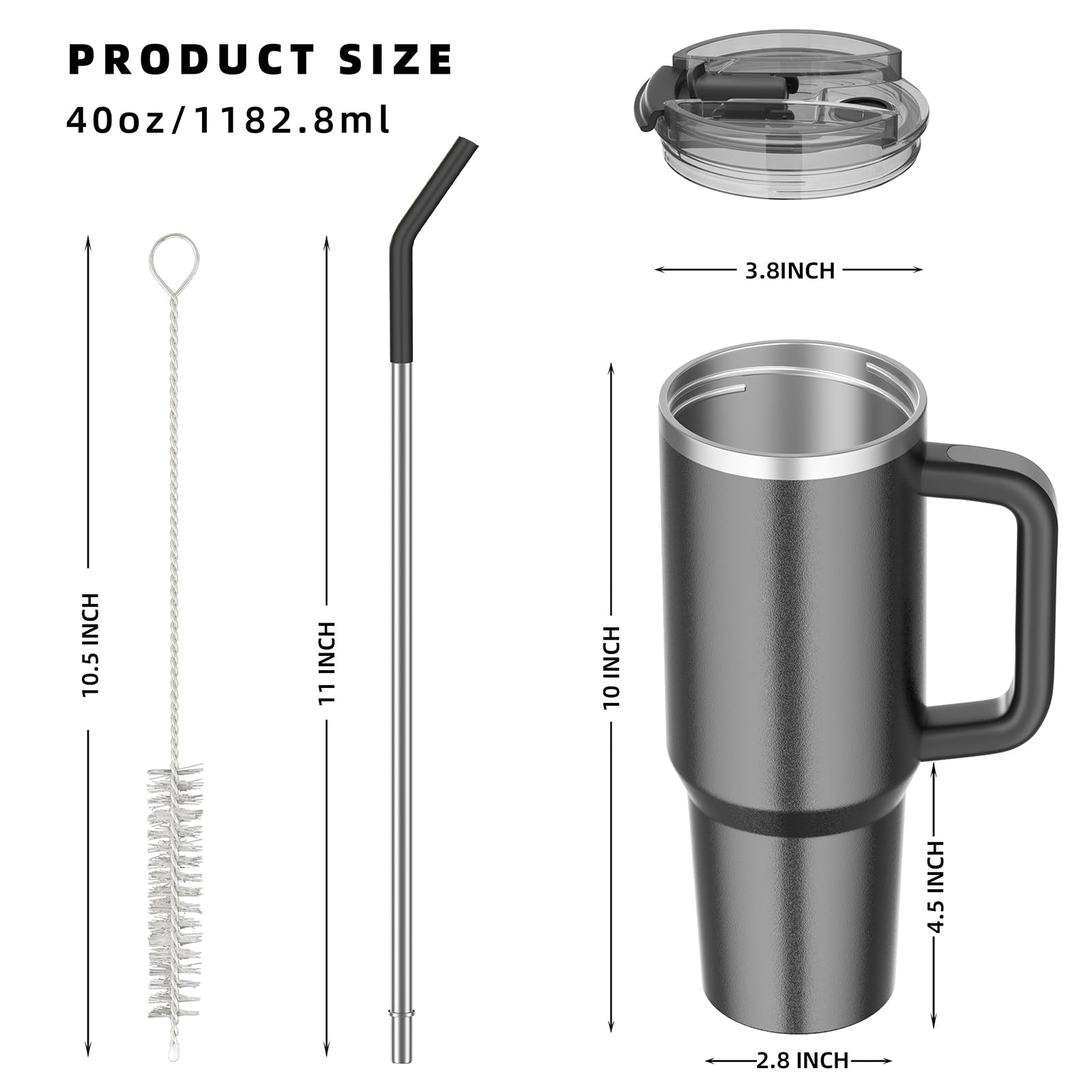 weisidi 40 oz Tumbler With Handle and Straw, Reusable Stainless Steel Insulated Water Bottle,Cupholder Friendly - Travel Mug Iced Coffee Cup for Hot-Cold Coffee and Beverages (Black)