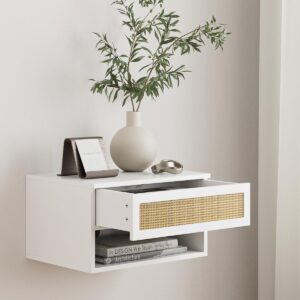 Floating Nightstand, Small Modern Floating Nightstand with Drawer, Floating Shelves for Bedroom, Bathroom (White Rattan)