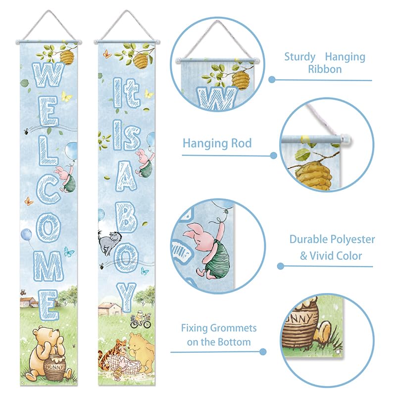 Classic Winnie Porch Sign for Boys Baby Shower Party the Winnie Bear Themed Yard Banner Blue Winnie Bear Party Decorations Polyester Welcome Door Hanging Decor Windproof Party Supplies 2PCS 12"X71"