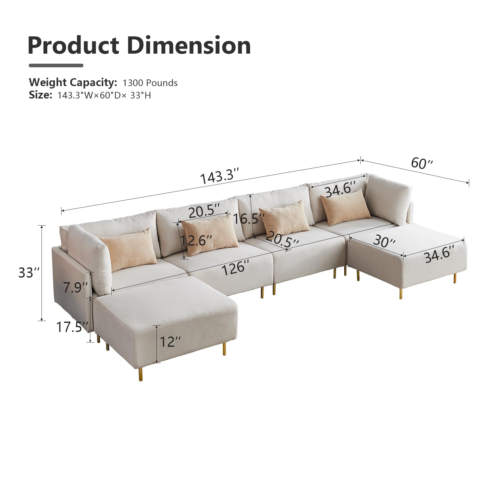 Anewome 143" Modular Sectional Sofa, Linen Fabric 4 Seat U-Shaped Couch with Ottoman Comfy Modern Convertible Sectional Sofa for Living Room Upholstered Boho Sofa with Metal Legs, Beige+Brown Pillow