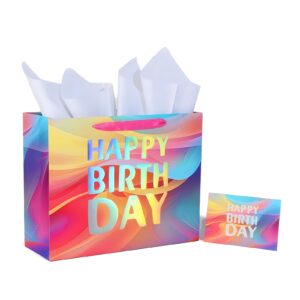 parnog 13" large happy birthday gift bag with tissue paper and card for girls kids women birthday