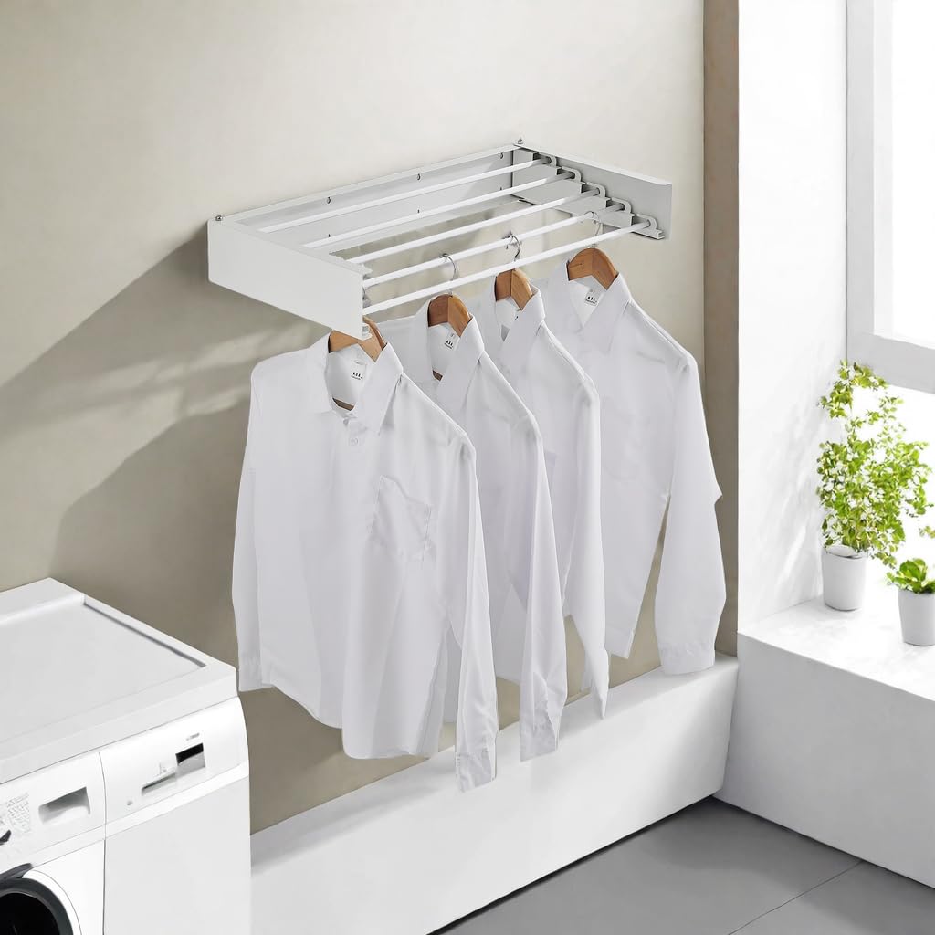 leean Laundry Drying Rack, Wall Mounted, Retractable Clothes Drying Rack, Folding Towel Drying Rack for Bathroom, Laundry Room Organization,Outdoor Yard, Balcony (White)