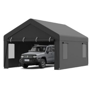 susici carport 12x20 ft heavy duty car canopy, portable garage with roll-up ventilated windows, removable sidewalls,uv resistant waterproof all-season tarp for for pickup, boat,car,grey