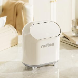 mrbin small desk trash can for bathroom with lid, mini office paper litter lint bin with stainless steel foot pad, kids cute countertop plastic waste basket for bedroom and car, white