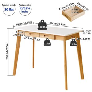 Aibiju Small Computer Desk Table, Wood Writing Desk with Drawer and Hanging Rod, 39x20x30inch Study Desk, Work Desk, Wooden Dining Table White + Natural Wood Legs YD-WD01WN