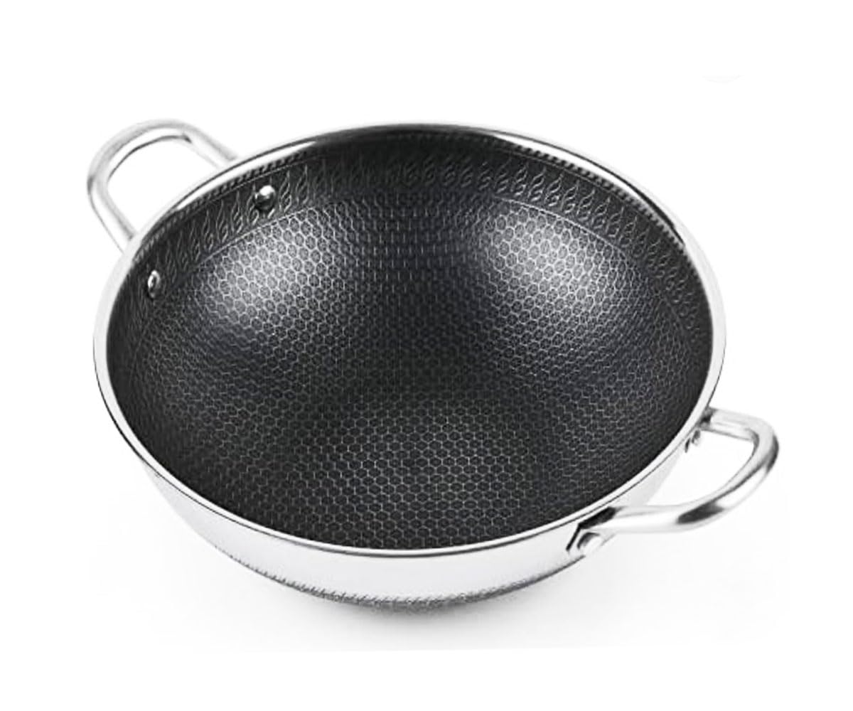 Satre Online and Marketing Stainless Steel Triply Kadhai Honeycomb, Nonstick, Two Sided Handel, Induction Base, Size No. 12