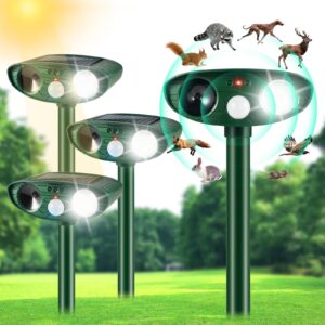 4 pack upgraded ultrasonic animal repeller outdoor,solar animal repeller with motion sensor & deterrent light to scare raccoon cat rabbit squirrel skunk dog deer repellent devices for yard protection