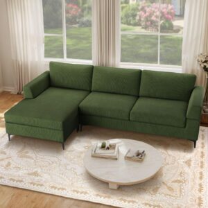 pouuin 96" corduroy sectional sofa couch,l shape couches for living room,3 seat reversible chaise sofa convertible lounge corner sofa living room furniture set (green)