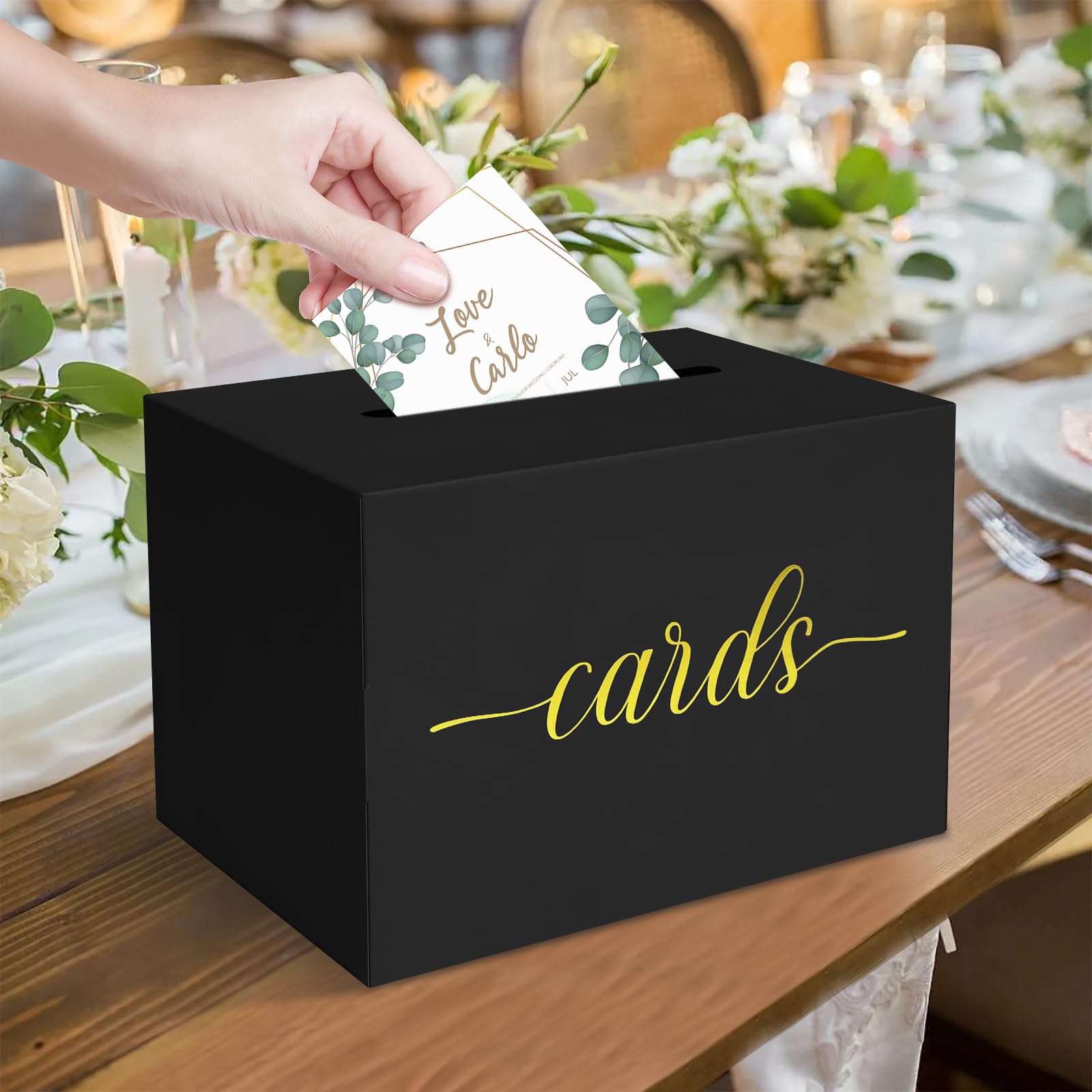 LIKAJON 1 Pack Black and Gold Foil Card Box for Party, Wedding Card Box Gift Cards Receiving Box Money Box for Birthday, Bridal or Baby Showers, Retirement, Anniversary, Graduation, Raffle Ticket Box