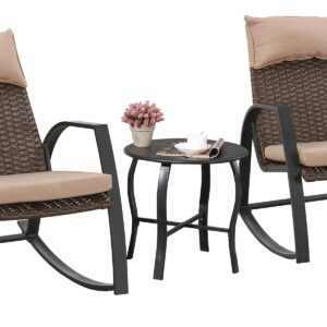 ARTLOFT 3 Piece Rocking Chairs Wicker Outdoor Patio Furniture Set Balcony Chairs Conversation Sets with Coffee Table for Porch, Garden, Backyard, Deck (Beige)