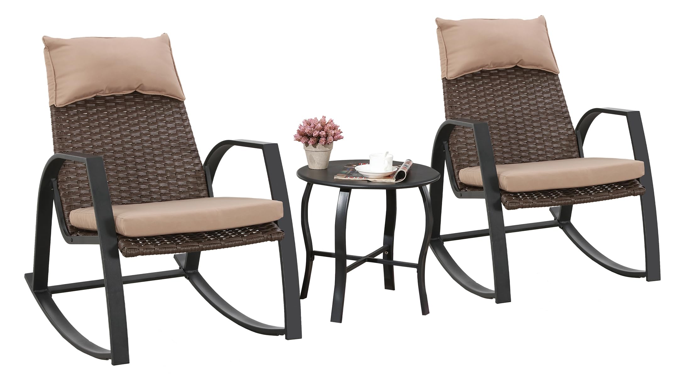 ARTLOFT 3 Piece Rocking Chairs Wicker Outdoor Patio Furniture Set Balcony Chairs Conversation Sets with Coffee Table for Porch, Garden, Backyard, Deck (Beige)