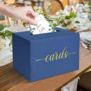 1 Pack Navy Blue and Gold Foil Card Box for Party, Wedding Card Box Gift Cards Receiving Box Money Box for Birthday, Bridal or Baby Showers, Retirement, Anniversary, Graduation, Raffle Ticket Box