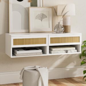 Floating Nightstand, Small Modern Floating Nightstand with Drawer, Floating Shelves for Bedroom, Bathroom (White Rattan)