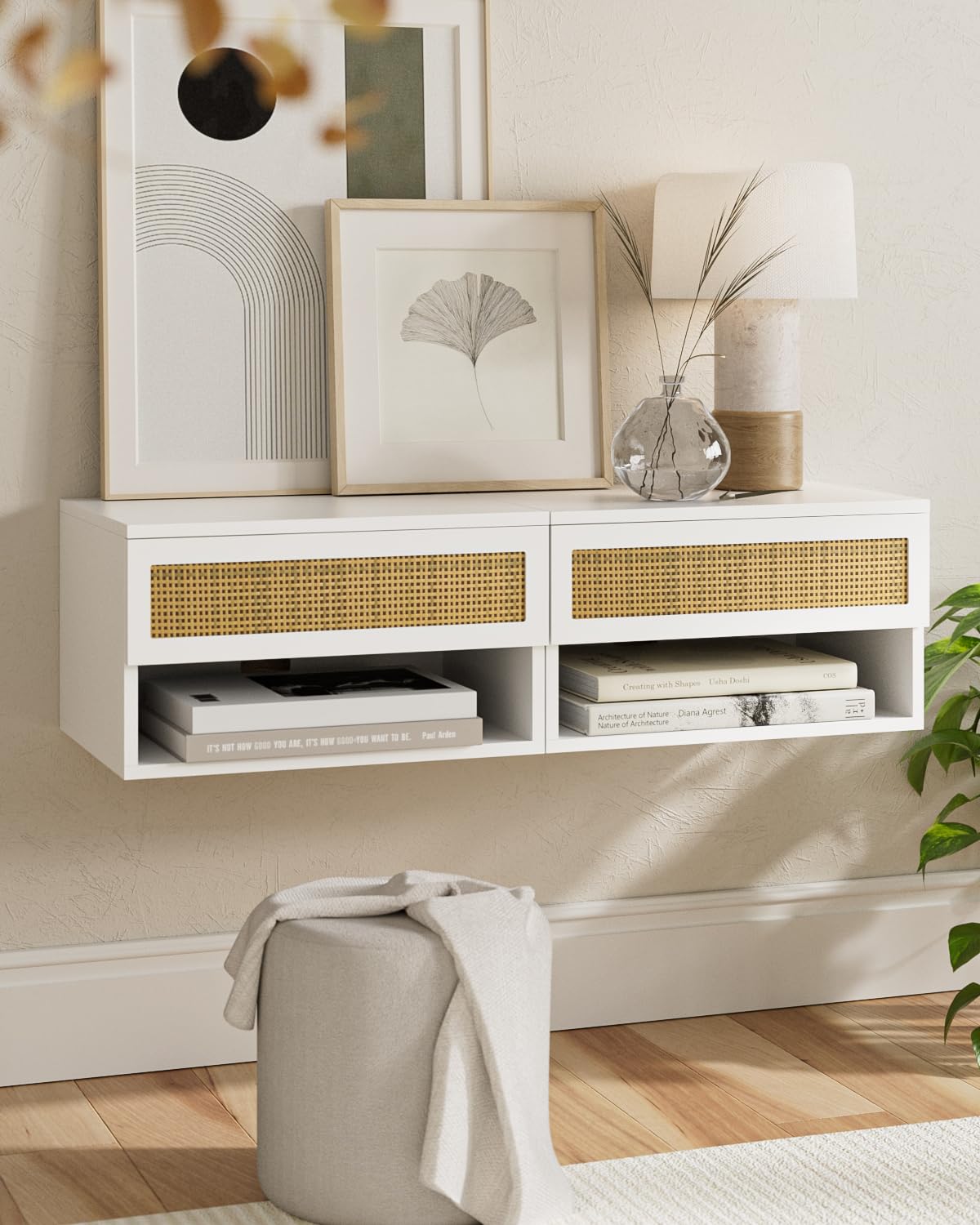 Floating Nightstand, Small Modern Floating Nightstand with Drawer, Floating Shelves for Bedroom, Bathroom (White Rattan)