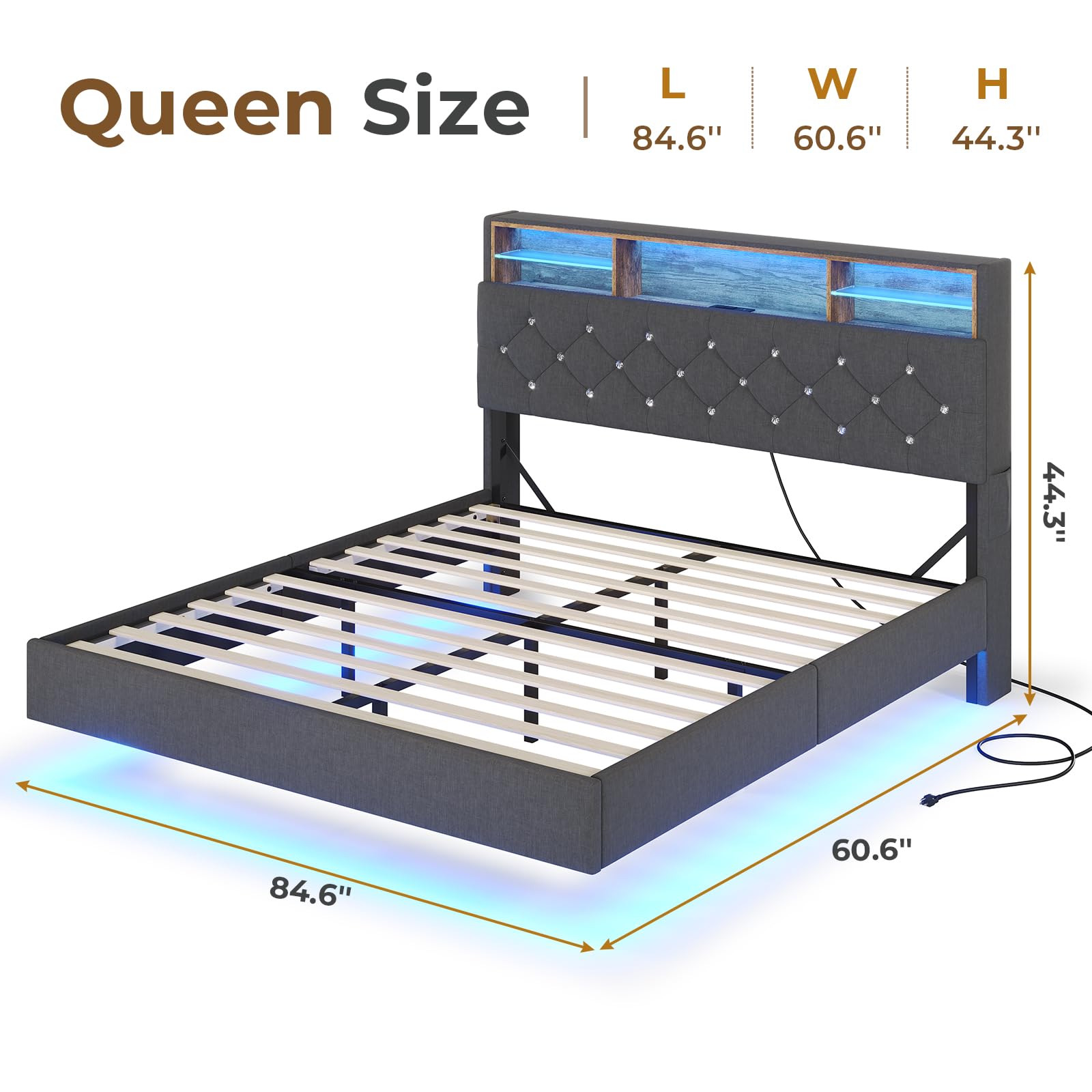 ADORNEVE Queen Floating Bed Frame with Storage Headboard and RGB LED Lights, Linen Upholstered Platform Floating Bed with USB-C/A Charging Station,Innovative Stable Structure,Dark Gray